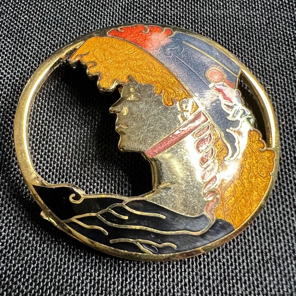Jewelry | Cloisonn Brooch Pin Lady With Hat On | Poshmark